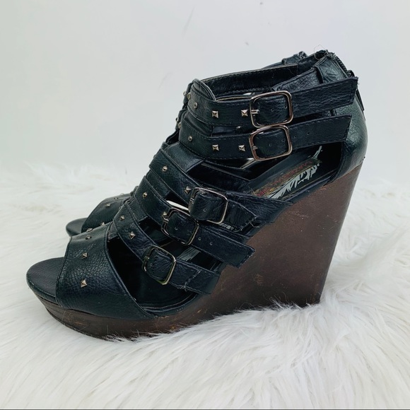 Material Girl | Shoes | Wedge Cage Heels Shoes Black Buckles Strappy 8 ...